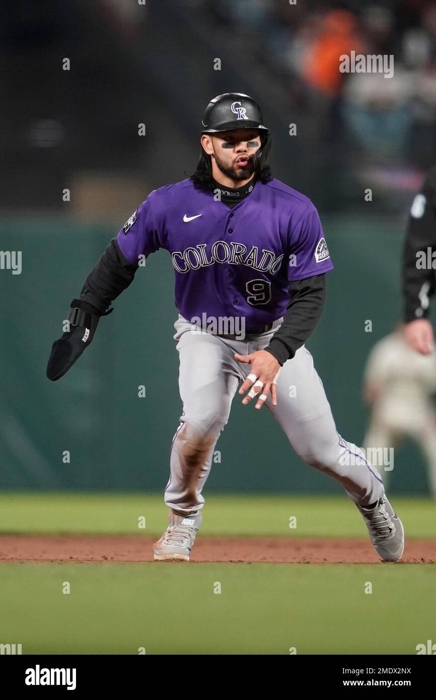 Colorado Rockies' Connor Joe against the San Francisco Giants during a ...