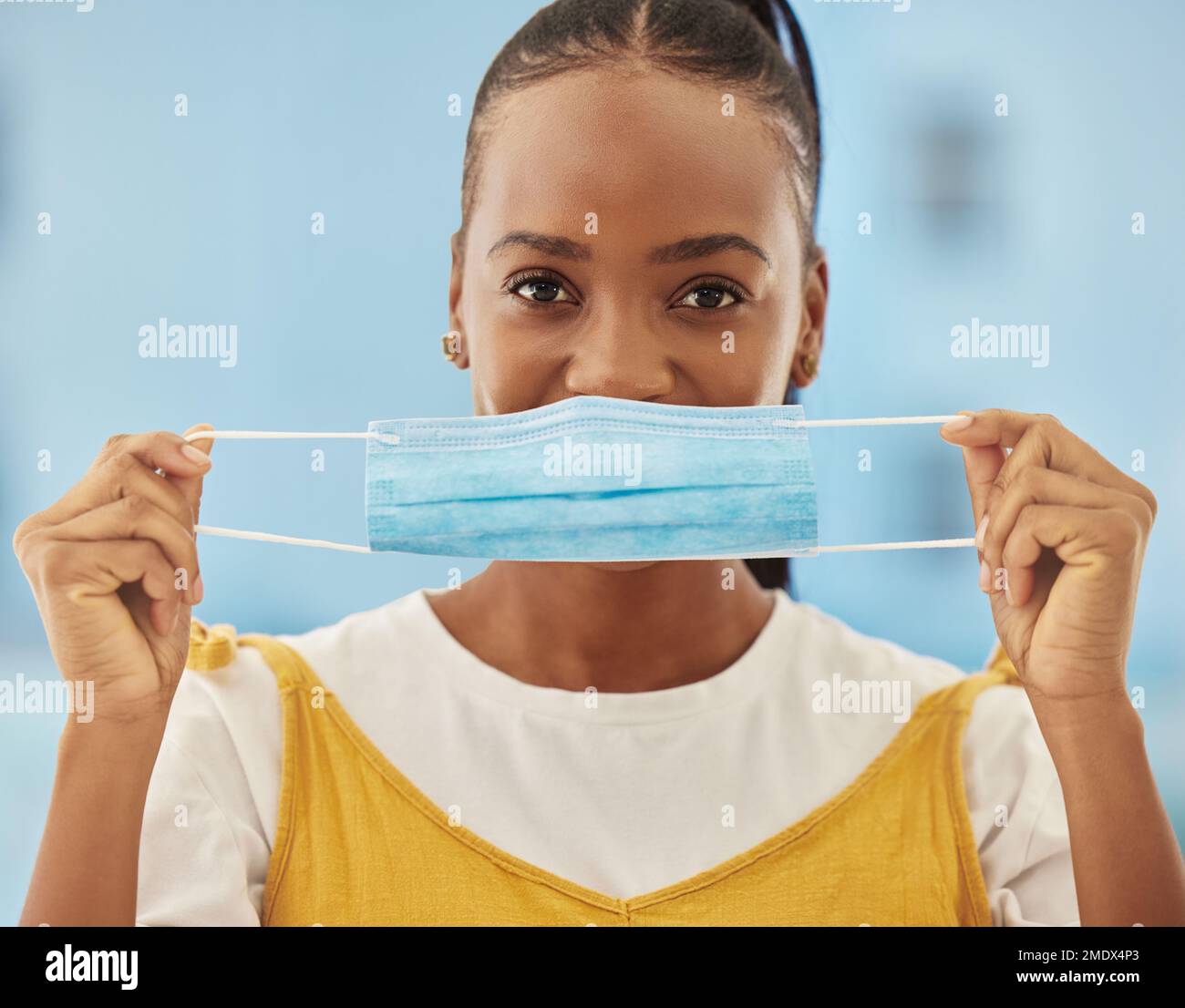 Portrait, black woman and mask for protection, safety regulations and ...