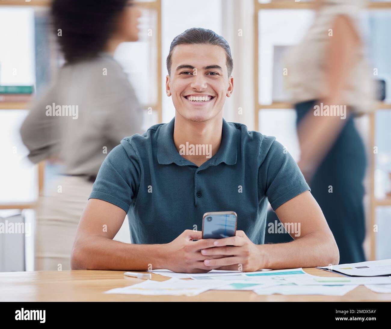 Planning, busy office and person on a phone communication, email ...