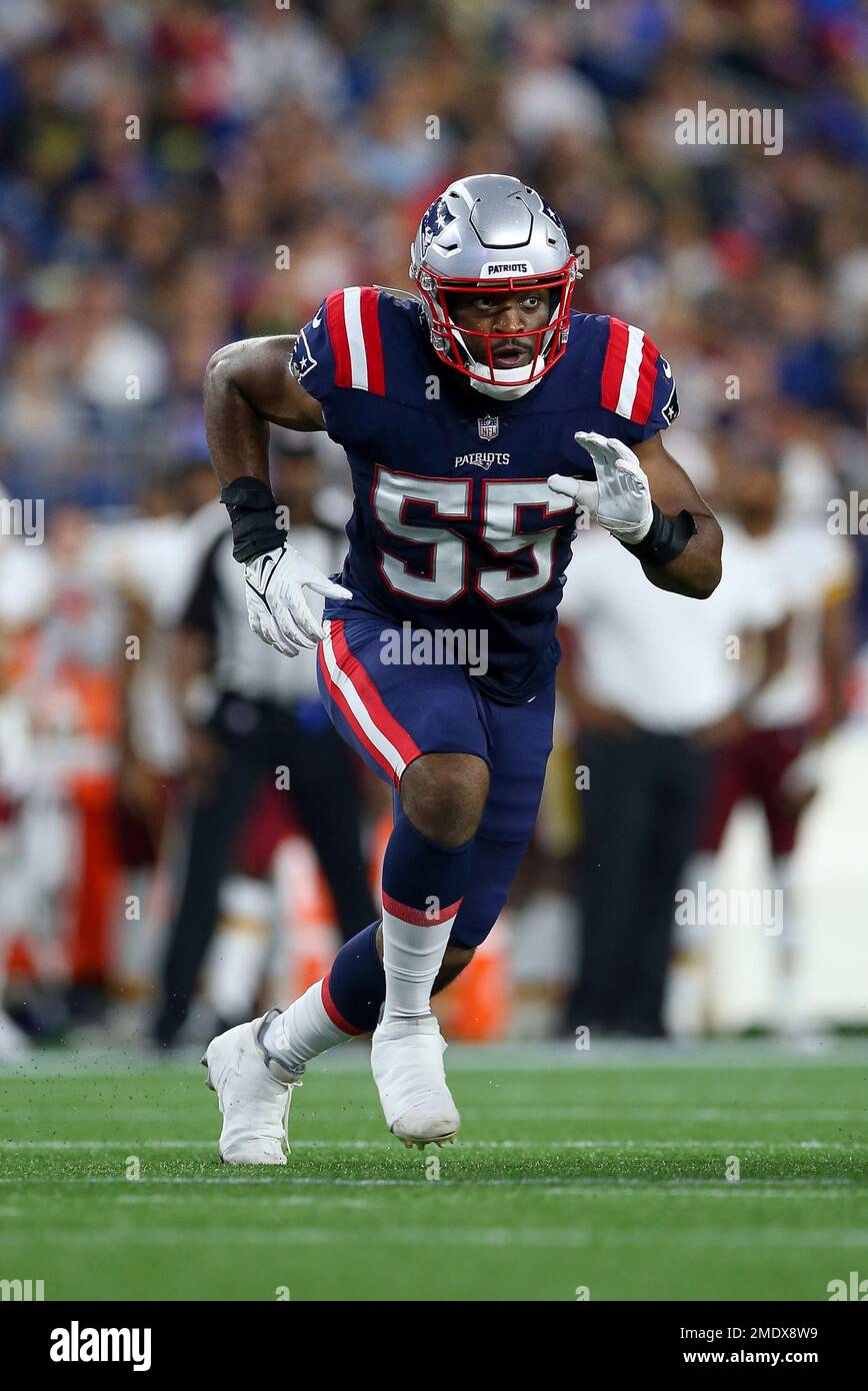 New England Patriots linebacker Josh Uche (55) during the first half of ...