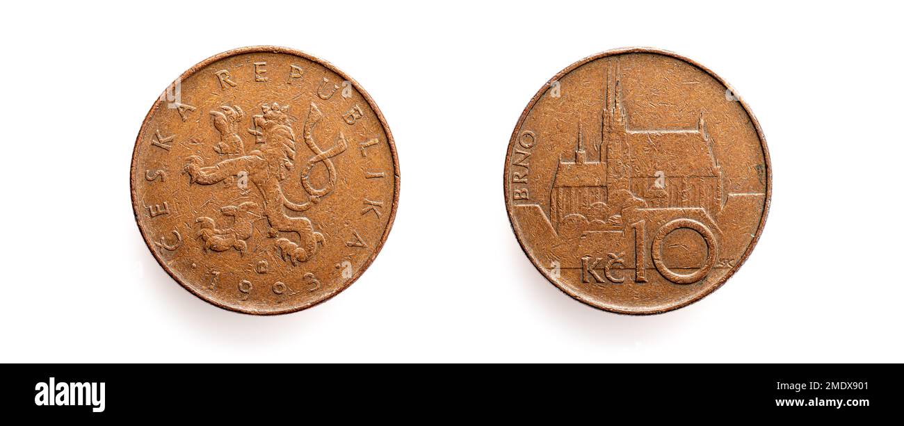 Front and back of a Czech 10 Czech Koruna coin from 1993 side by side ...