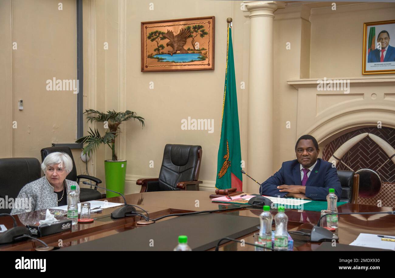 U.S. Treasury Secretary Janet Yellen, left, with Zambia's President ...