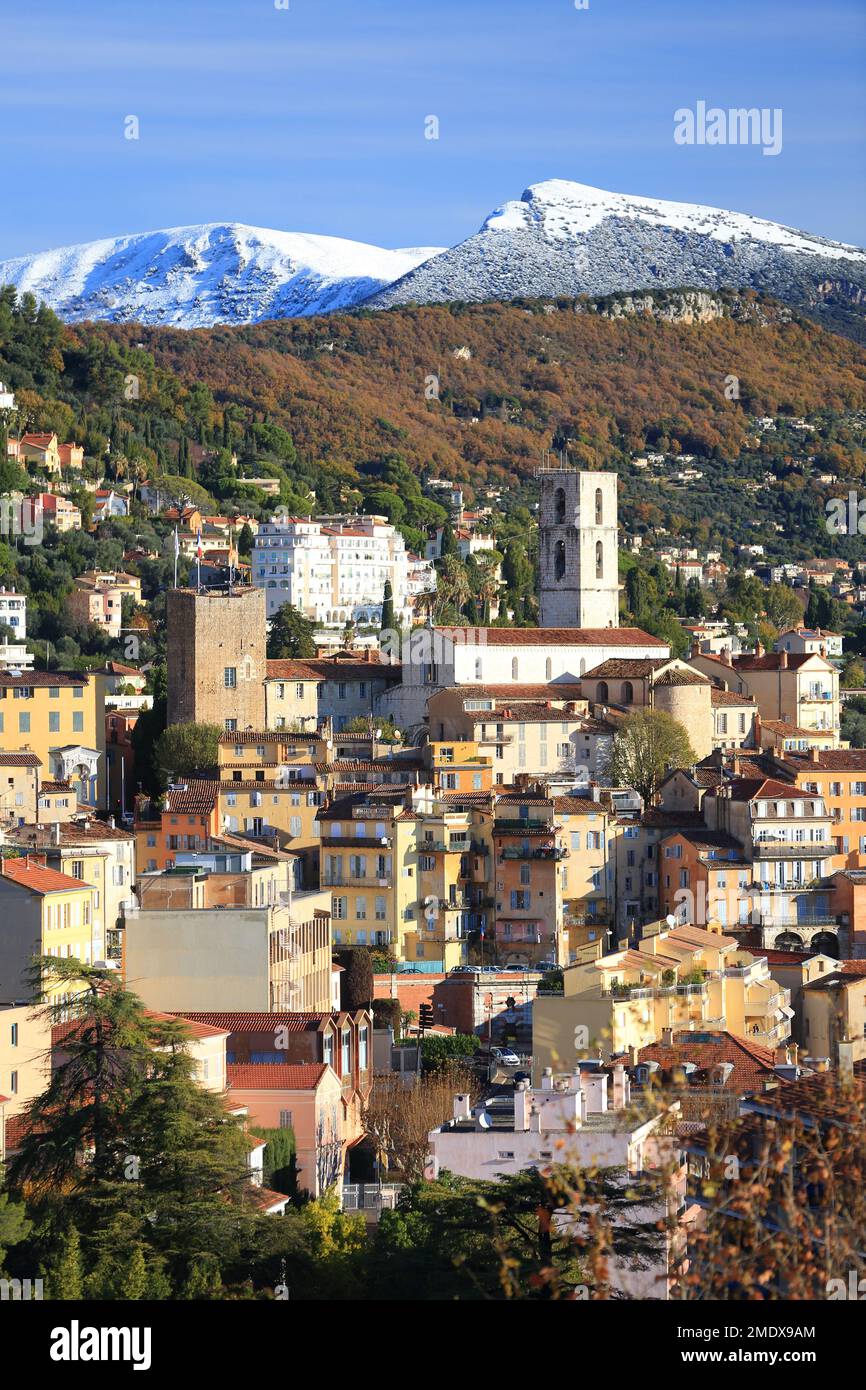 Grasse with snowed mountain, Alpes Maritimes, Cote d'Azur, French ...