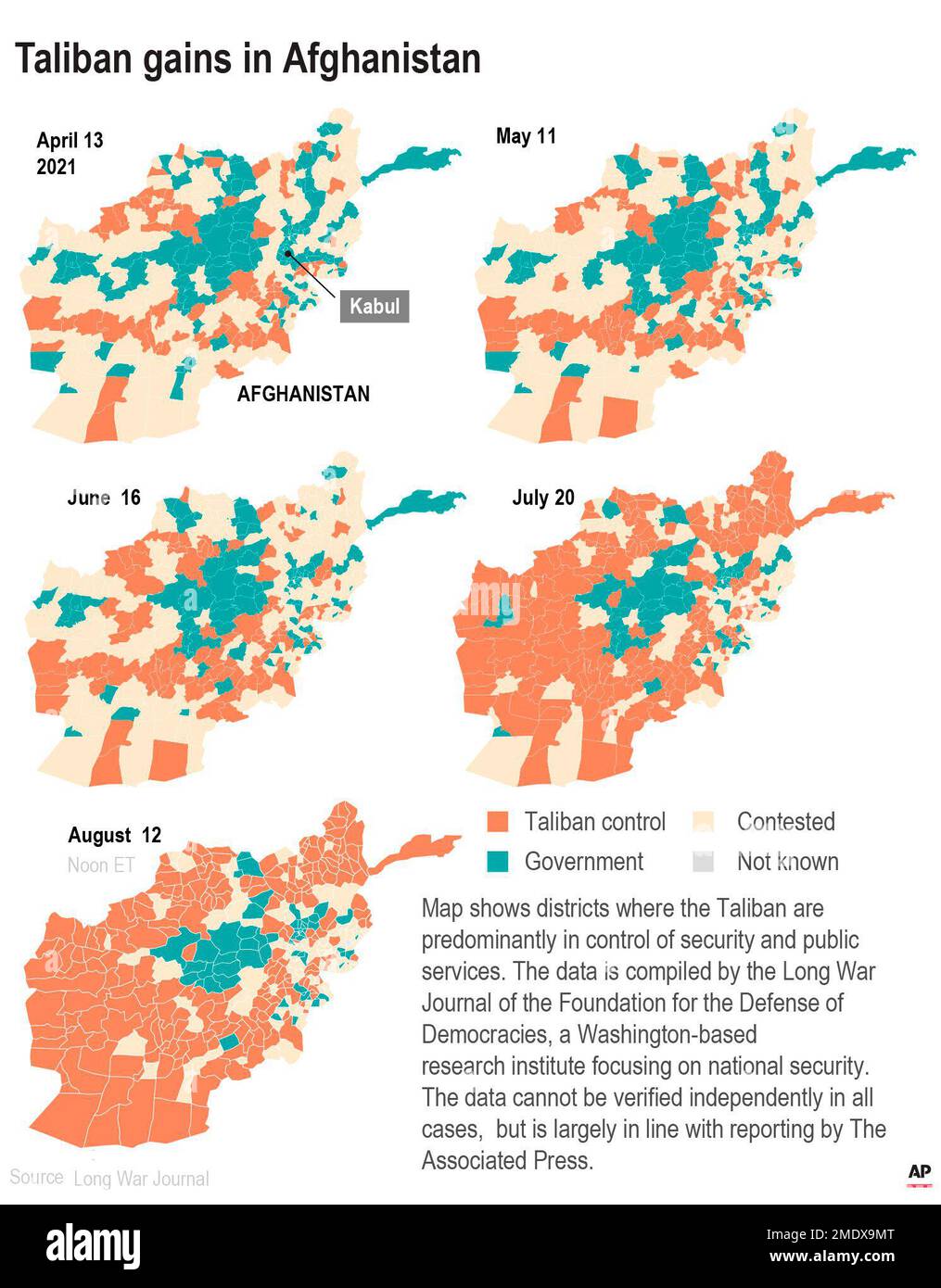 Maps show areas controlled by Taliban at selected dates each month ...