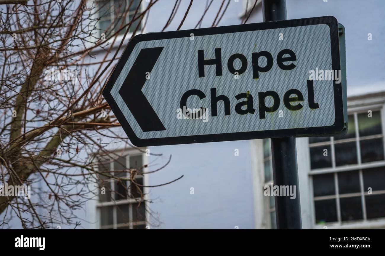 Hope Chapel direction board text on a sign board in Bristol England ...