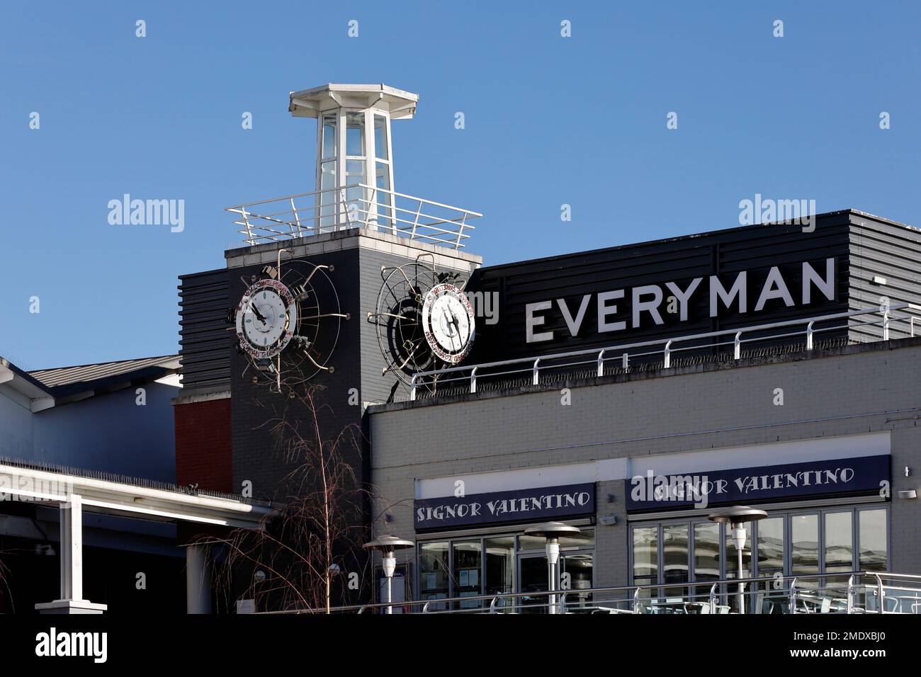 Everyman theatre signage and ornamental clock tower. Cardiff Bay taken ...