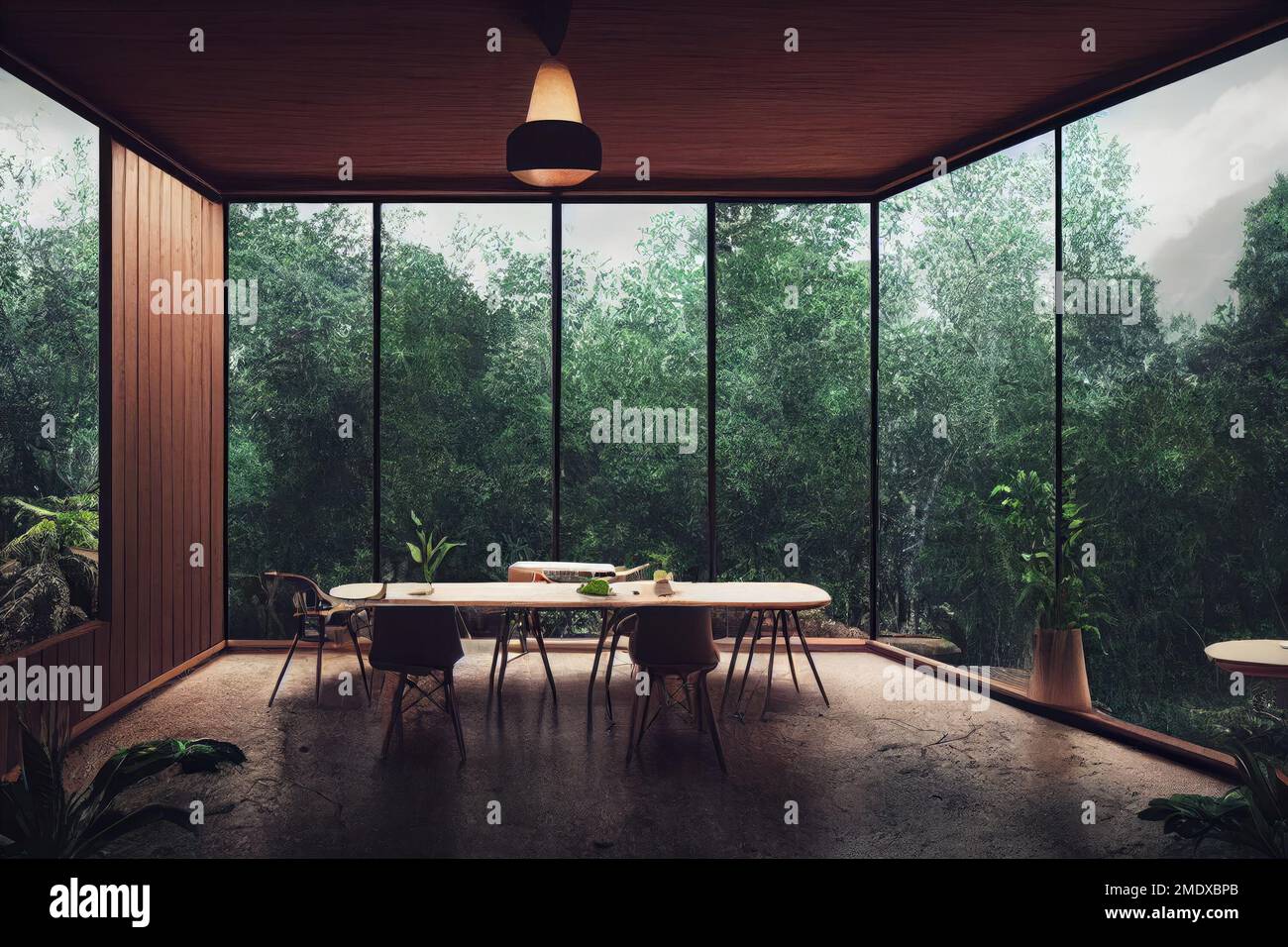 Luxury Mid Century Modern Dining Interior with Jungle Views Stock Photo ...