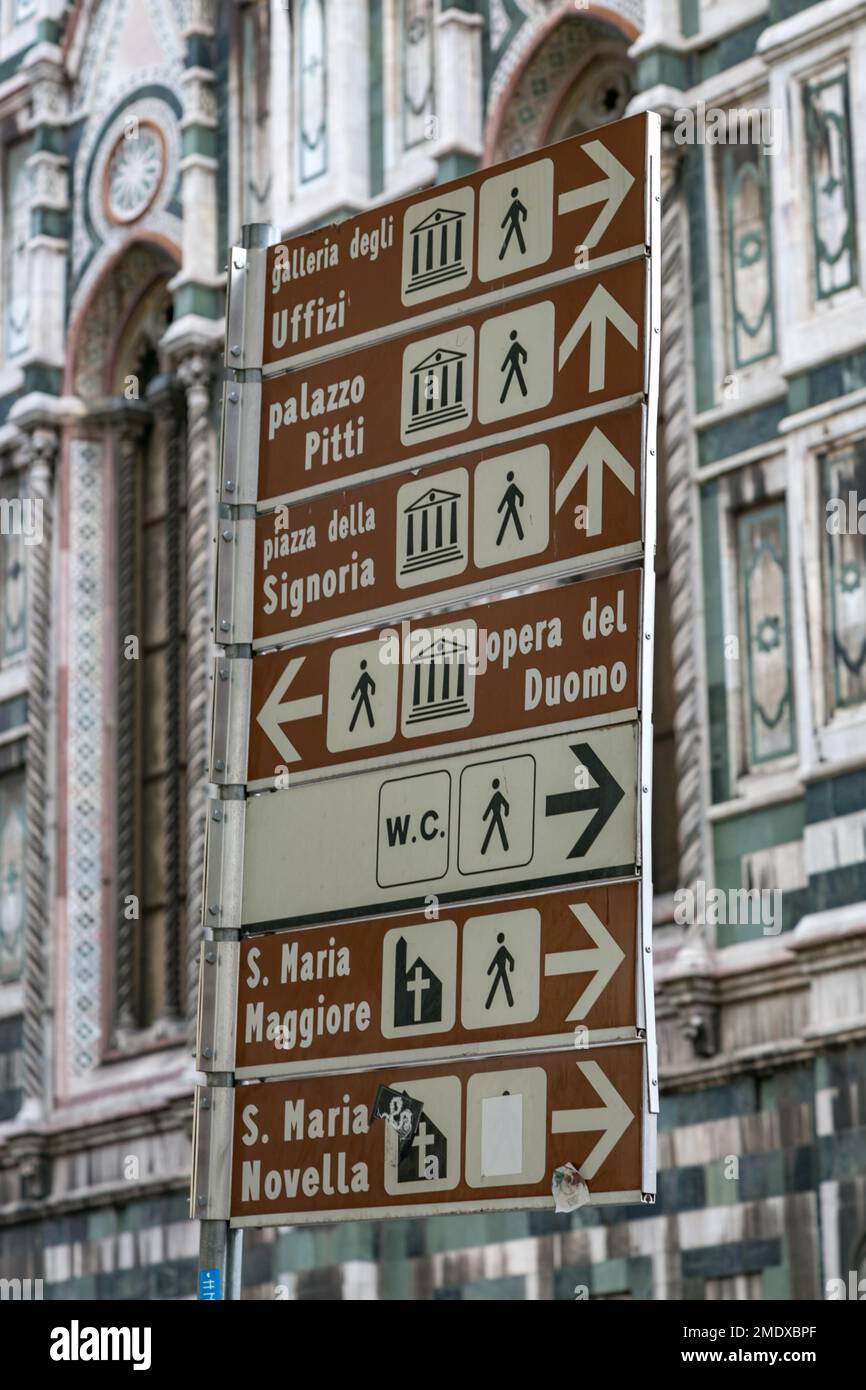 Wayfinding street signs to popular tourist attractions in Florence ...