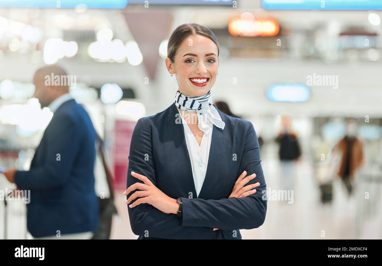 Airport, woman concierge and portrait with smile, arms crossed and ...