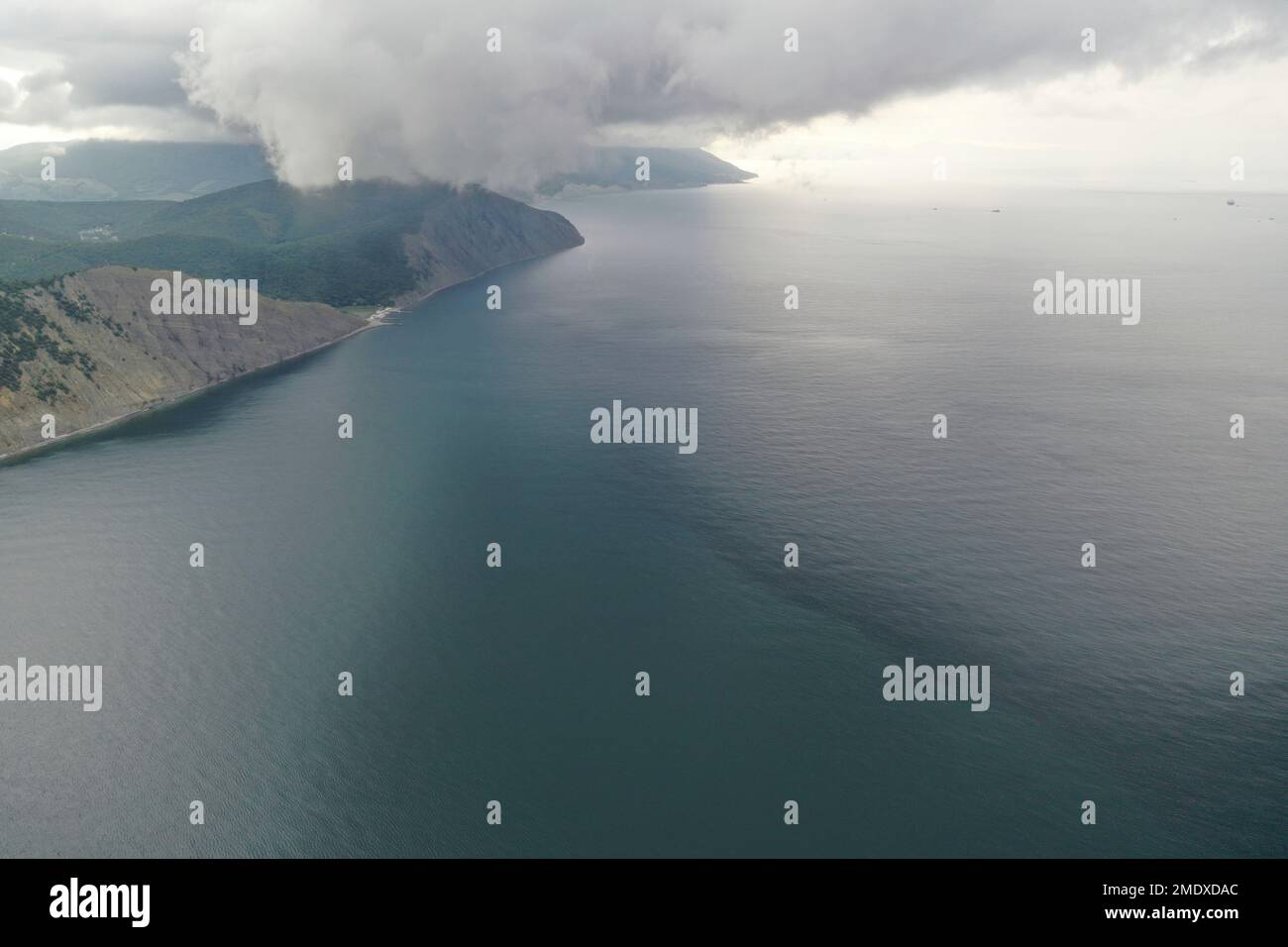 An aerial view of the Black Sea coast following an oil spill that ...