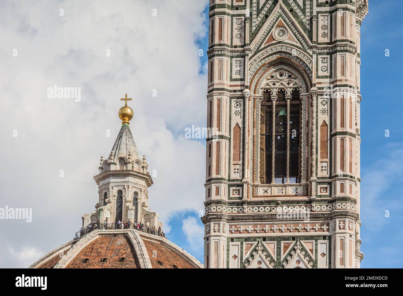 View of the top of the Duomo and Giotto's campanile (bell tower) of the ...