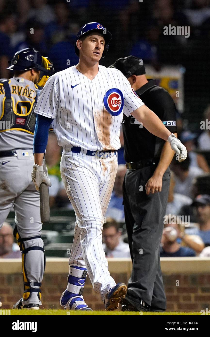 Chicago Cubs' Frank Schwindel walks to the dugout after striking out ...