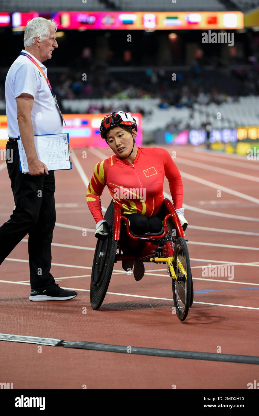 Zhou Hongzhuan after competing in the T53 400m wheelchair race in the 2017 World Para Athletics ...