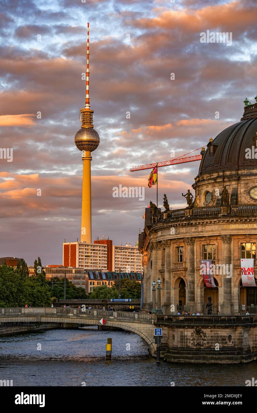 City of Berlin at sunset in Germany, TV Tower, Bode Museum and Monbijou ...