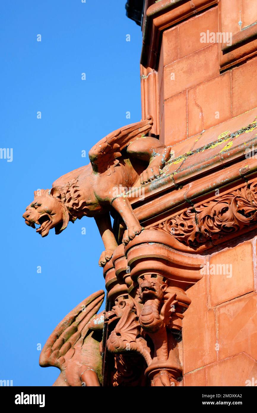 Close up of gargoyles and ornamental features on the Pierhead Building ...