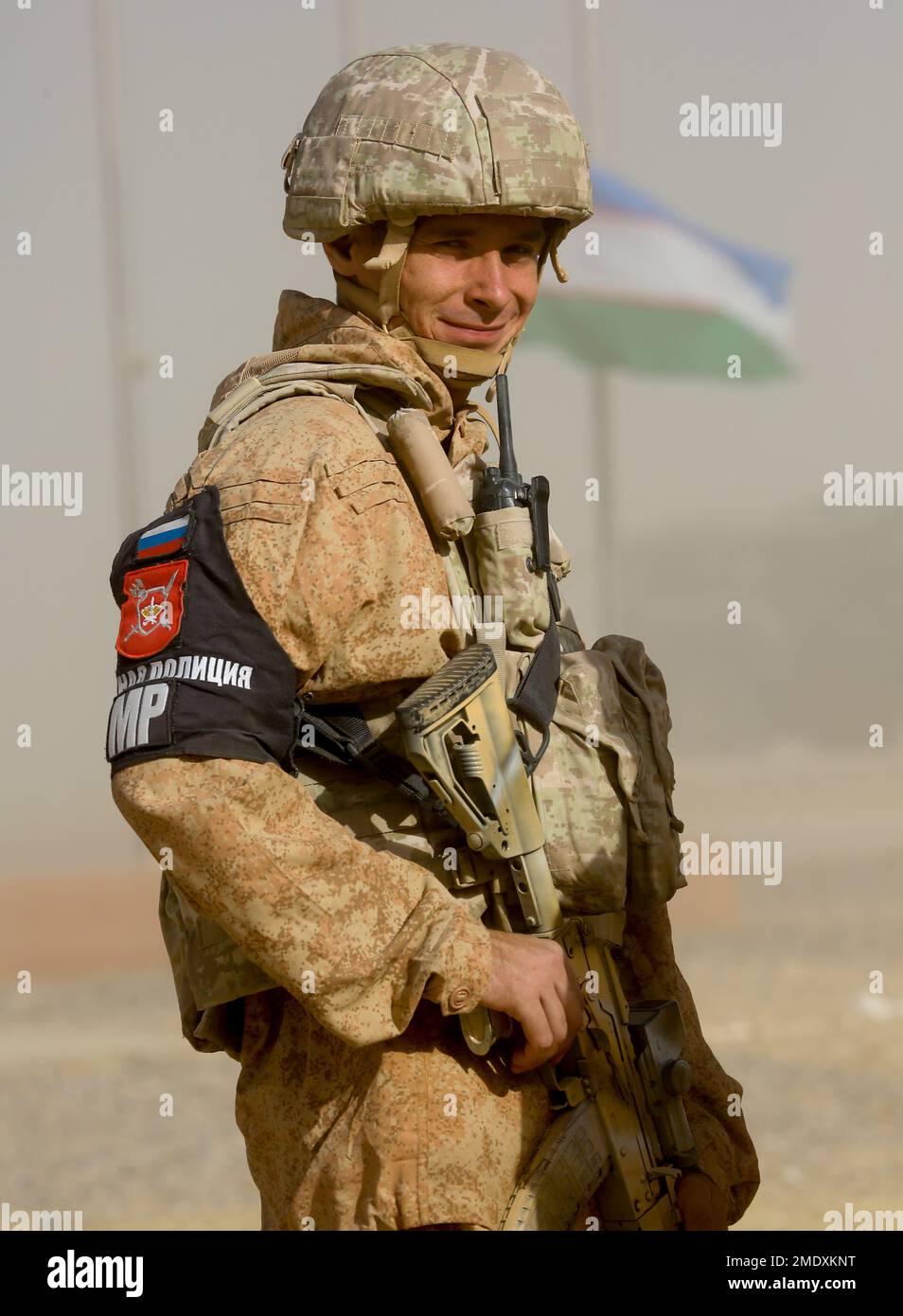 A Russian Military Police officer guards an area during a joint ...