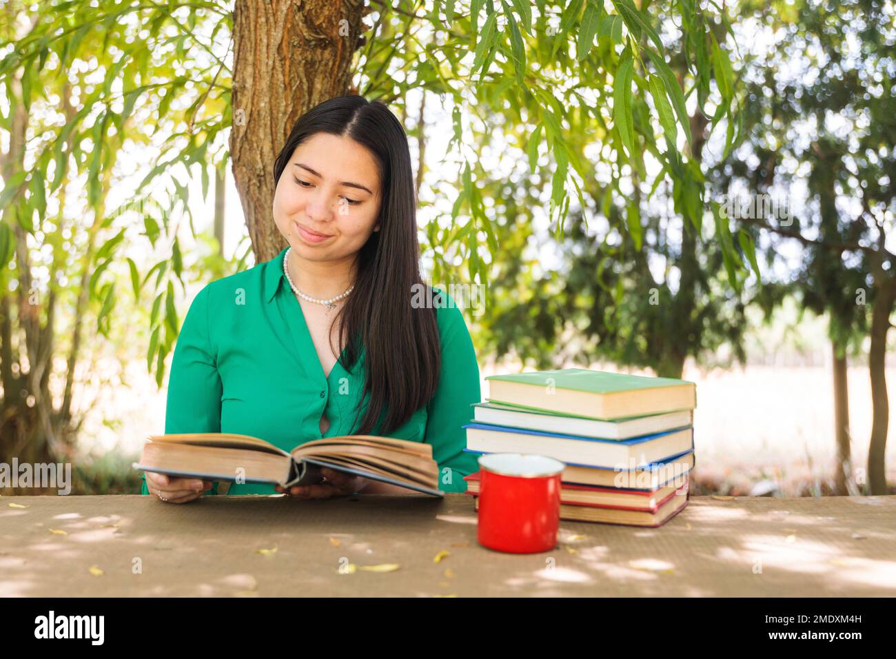 Teenage girl reading books in the field under a willow tree, with a ...