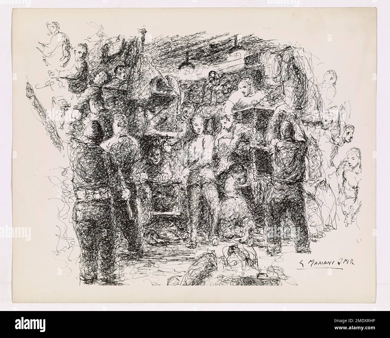 A pen and ink drawing by Coast Guard Combat Artist Mariani depicts the ...
