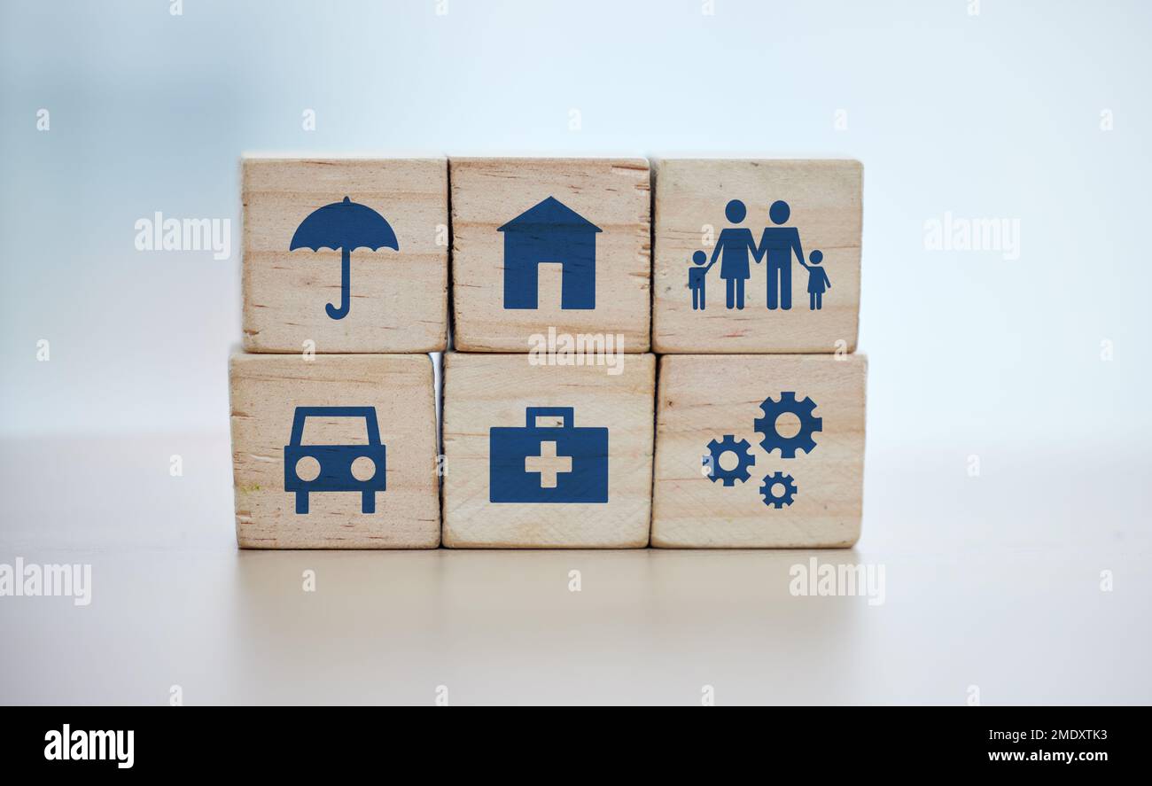 Wooden, cubes or stack in house risk management, security or future ...