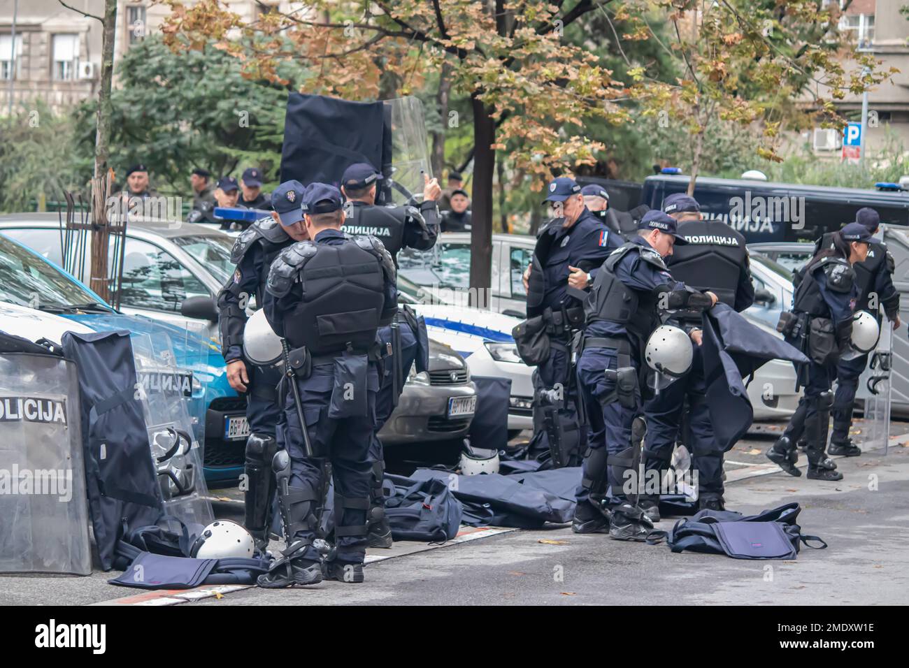 Police forces and members of special forces of riot police in uniforms ...