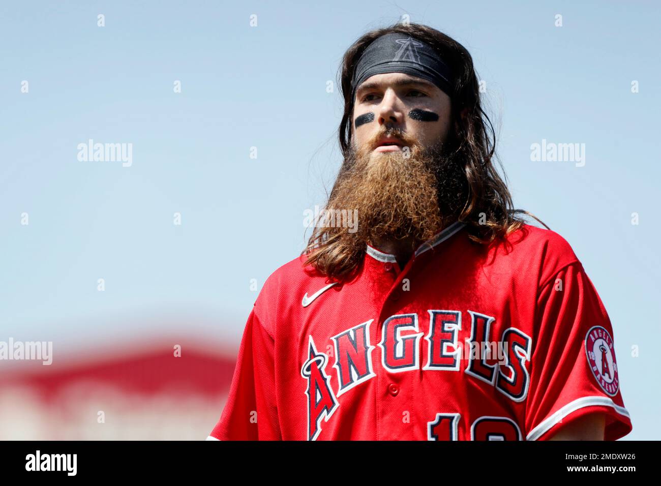 Los Angeles Angels' Brandon Marsh waits for his team to take the field ...