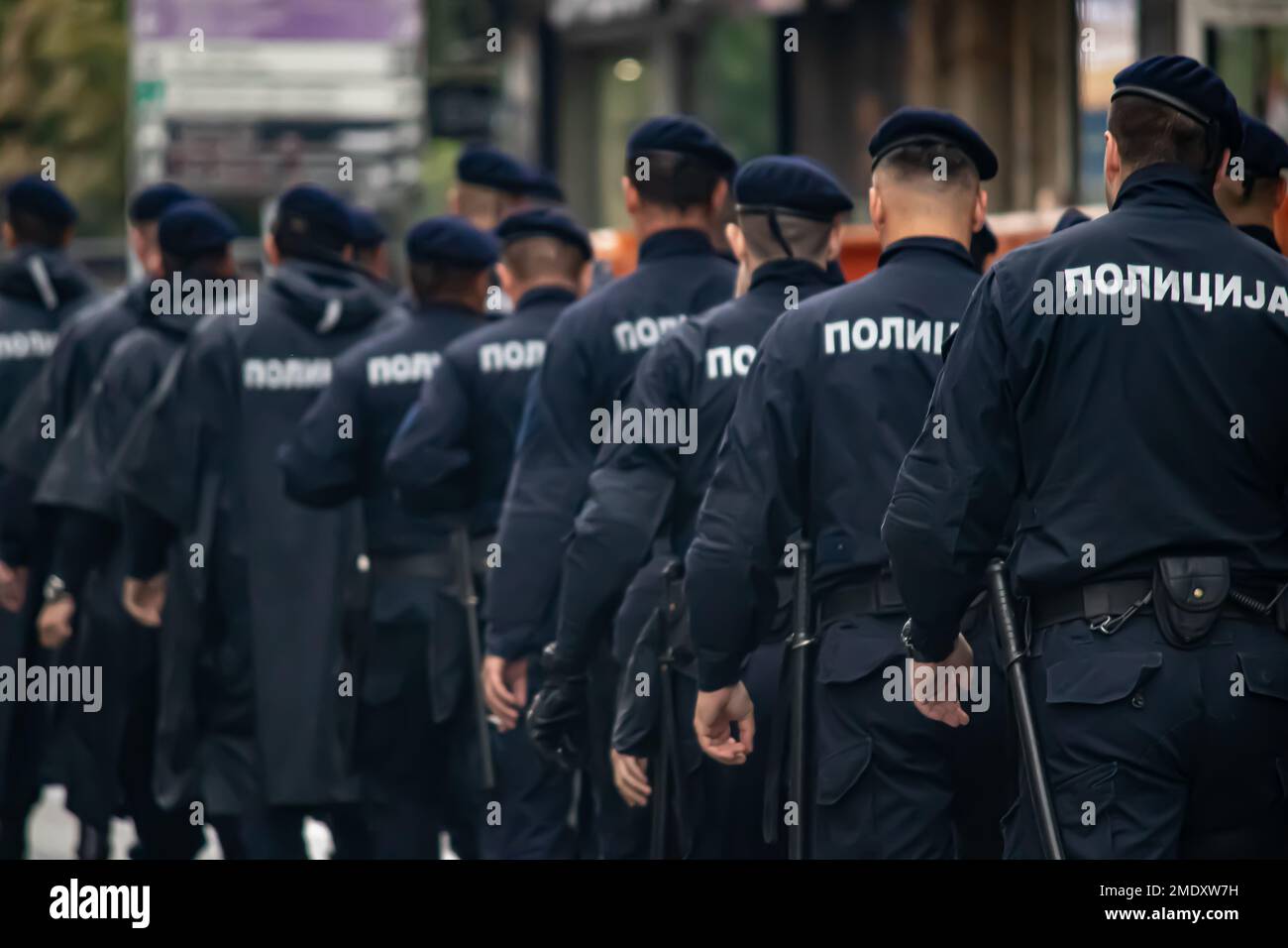 Police forces and members of special forces of riot police in uniforms ...