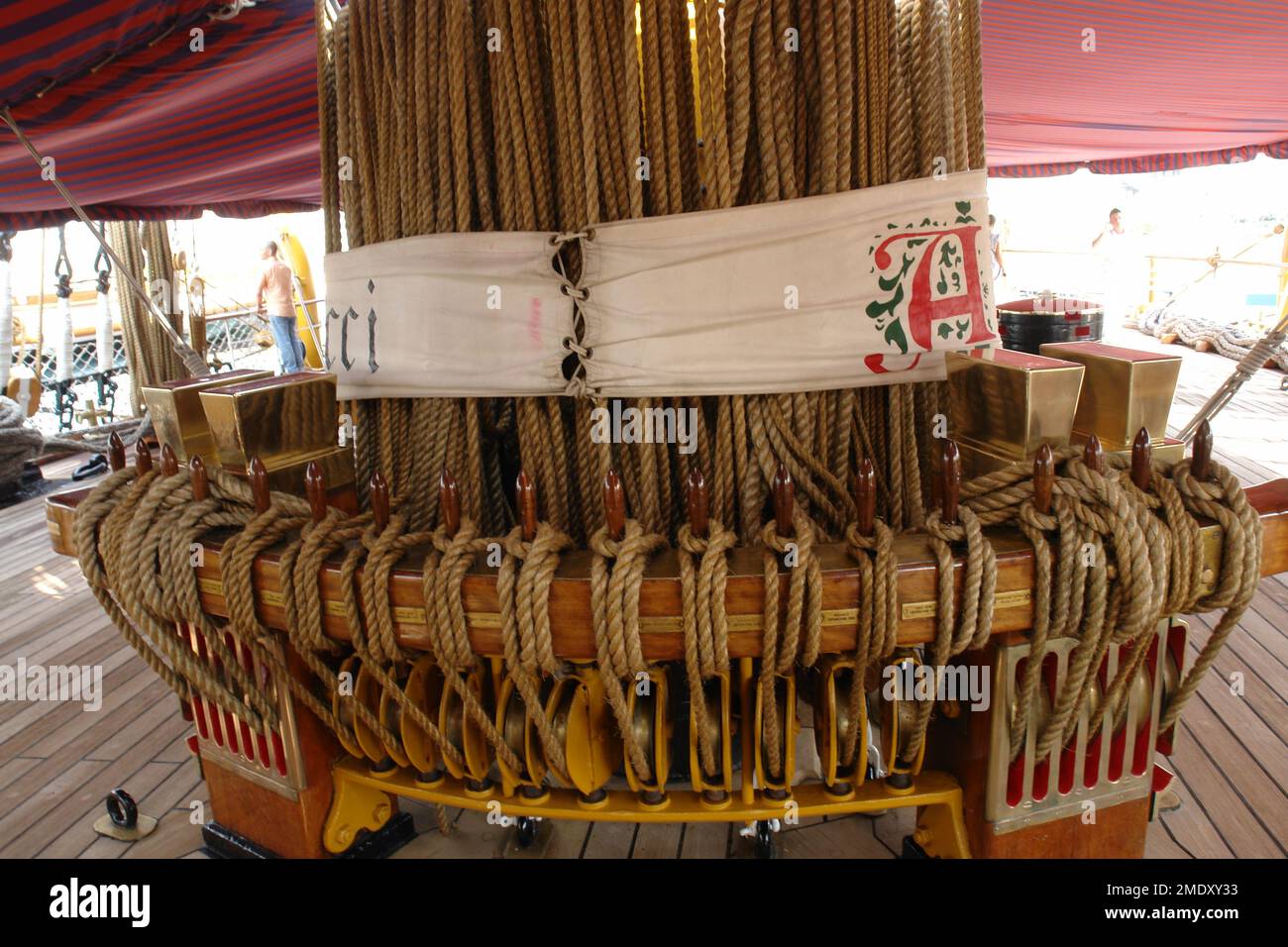Maneuver ropes turned on toggles on the Amerigo Vespucci sailing school ...