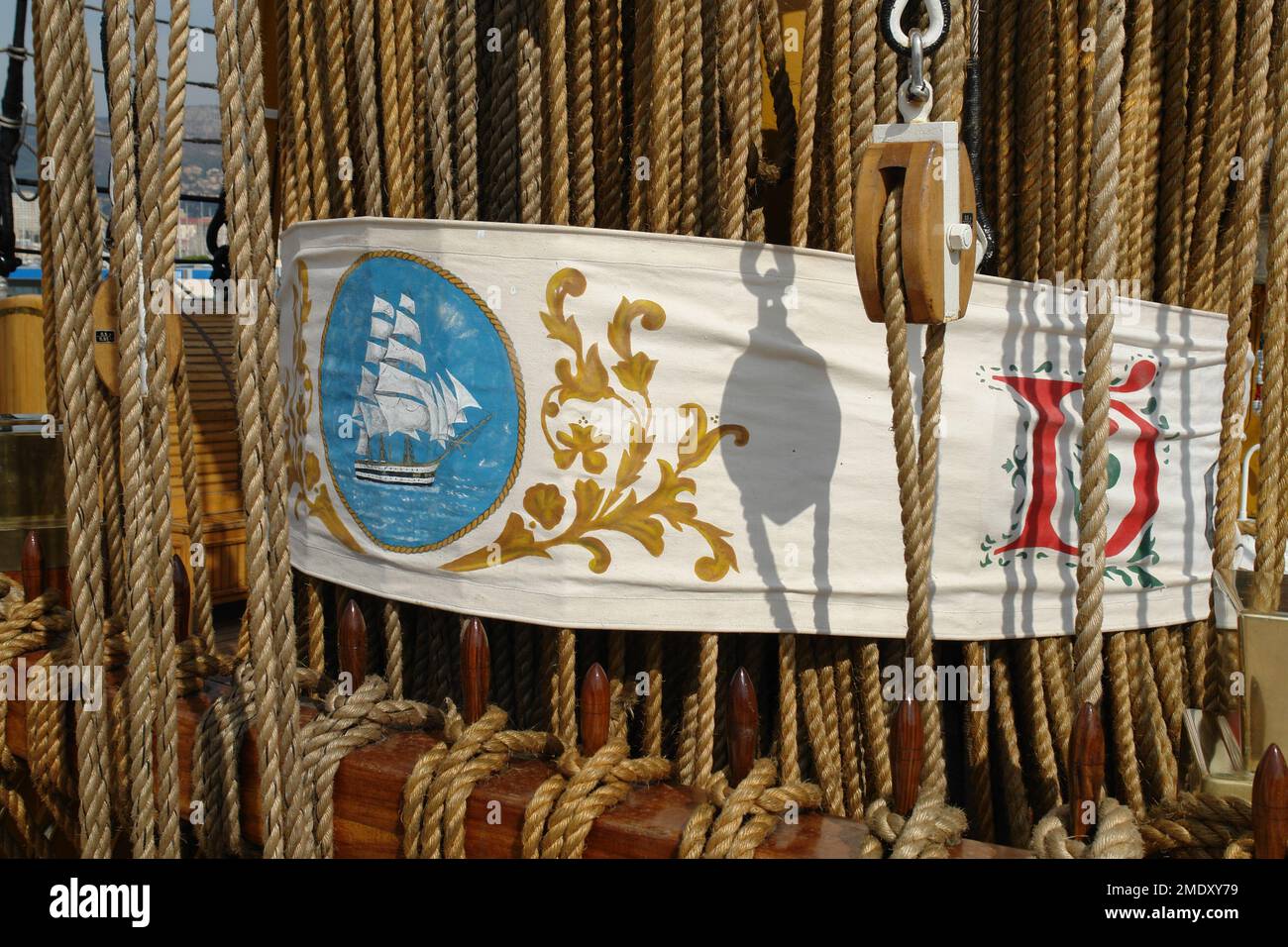Maneuvering ropes of the Amerigo Vespucci sailing school of the Italian ...