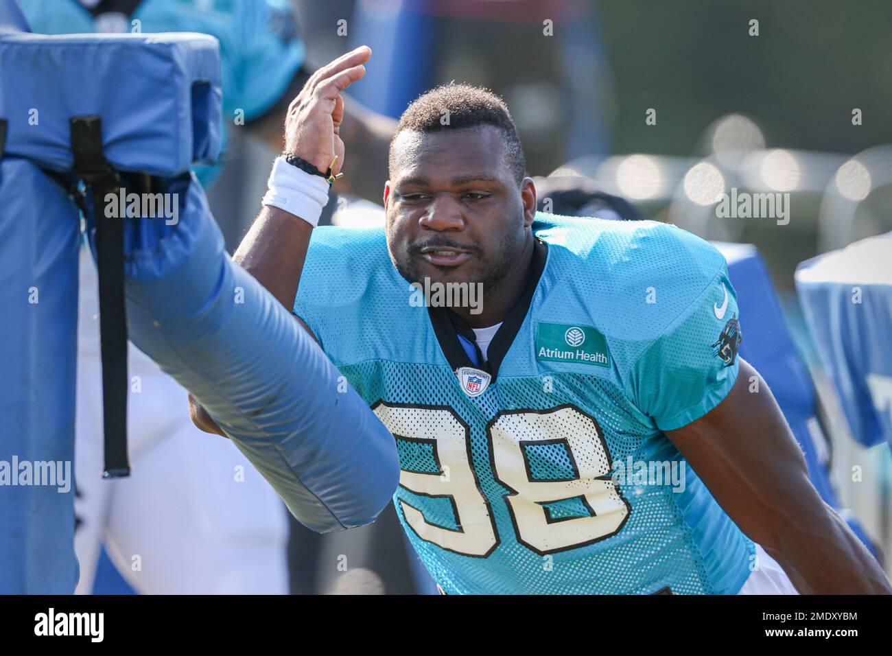 Carolina Panthers defensive end Marquis Haynes runs a drill during ...