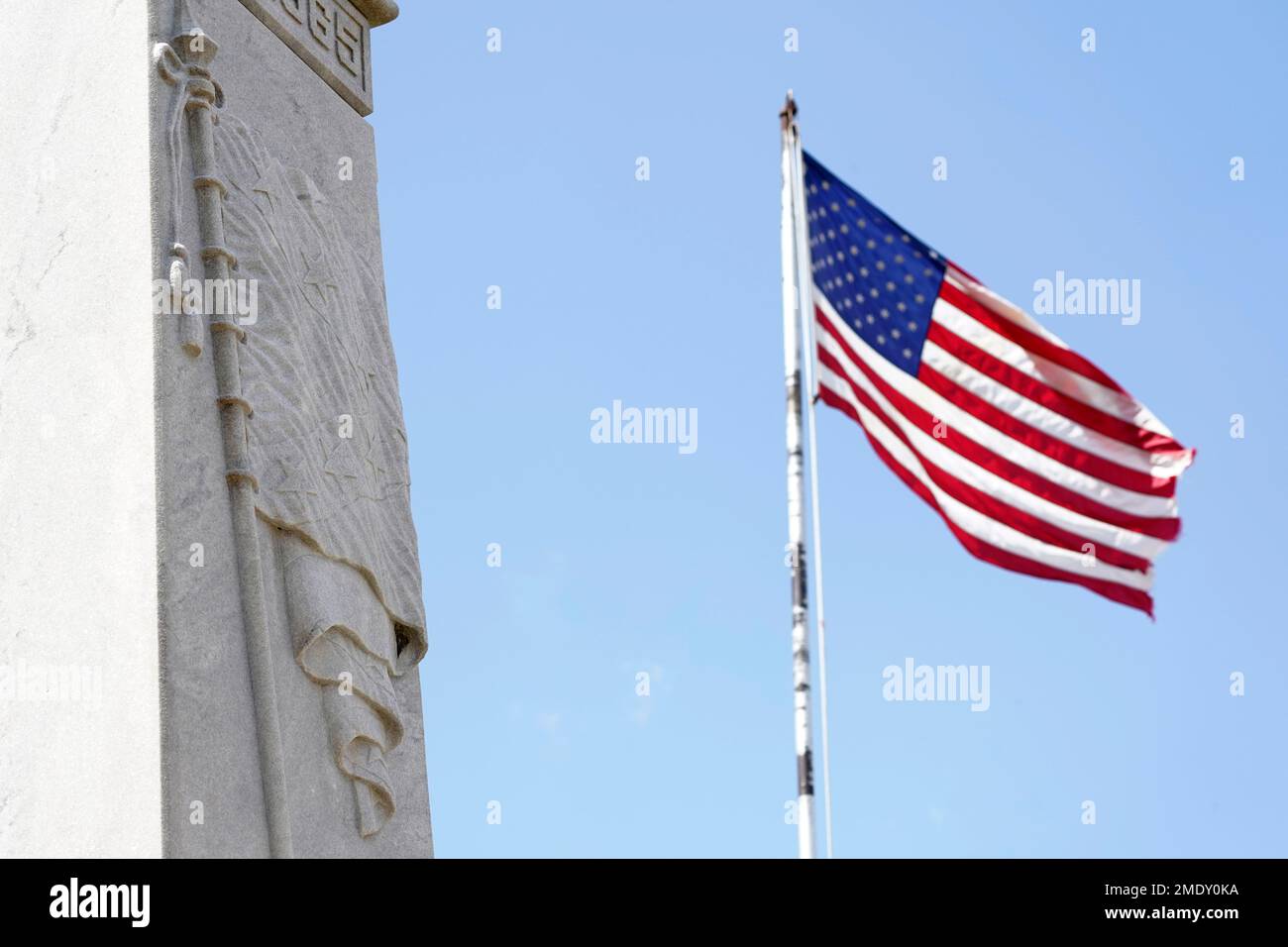 Photographed on July 14, 2021, the Confederate battle flag, etched on ...