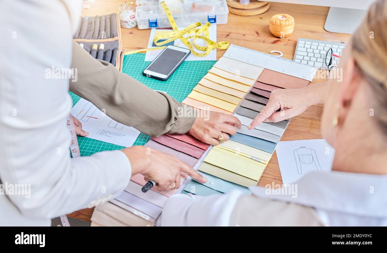 Teamwork, fabric and planning fashion hands in creative project ...