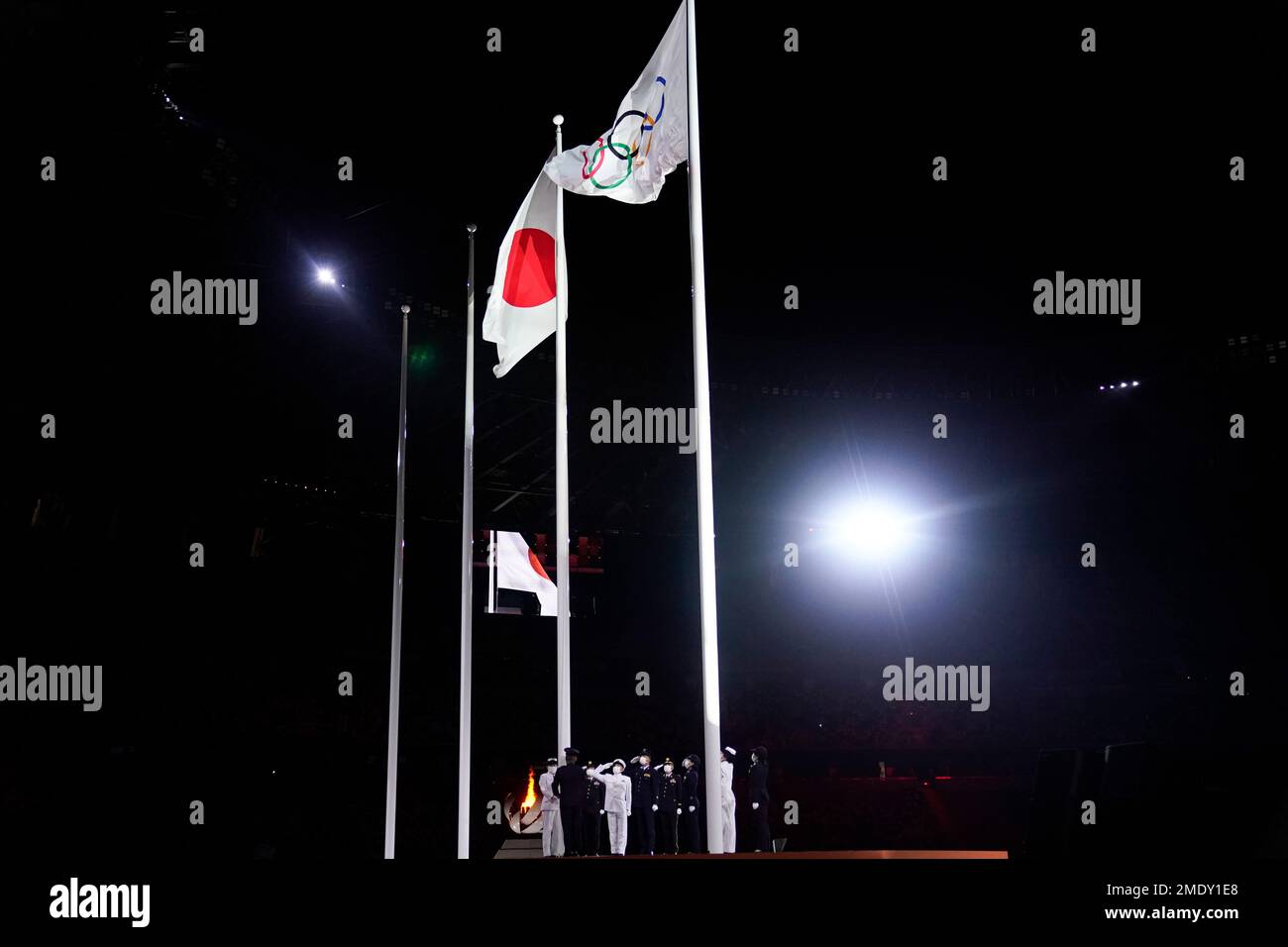The Olympic and Japan flag is raised during the closing ceremony in the ...