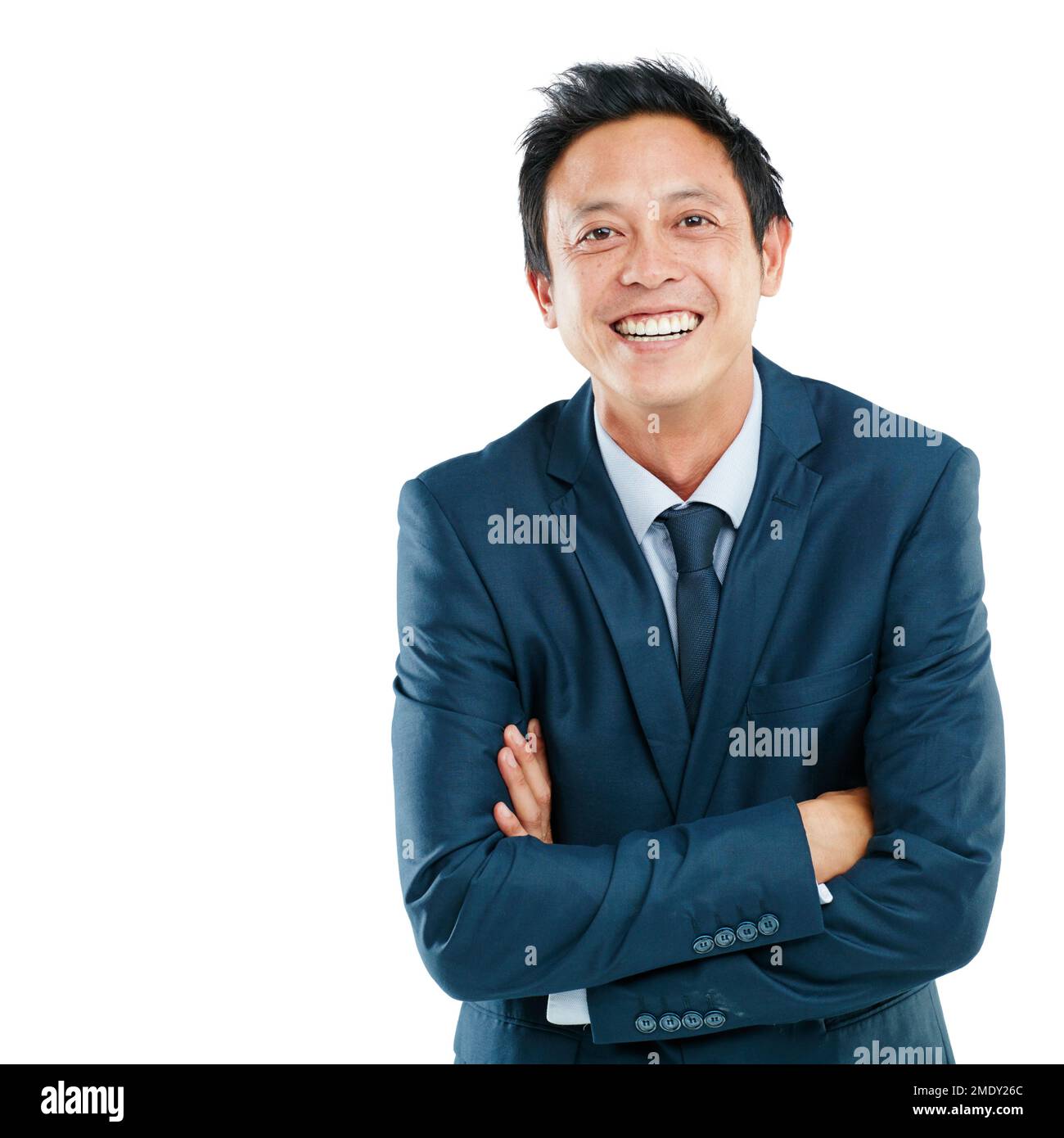 Portrait, arms crossed and business man in studio isolated on a white ...