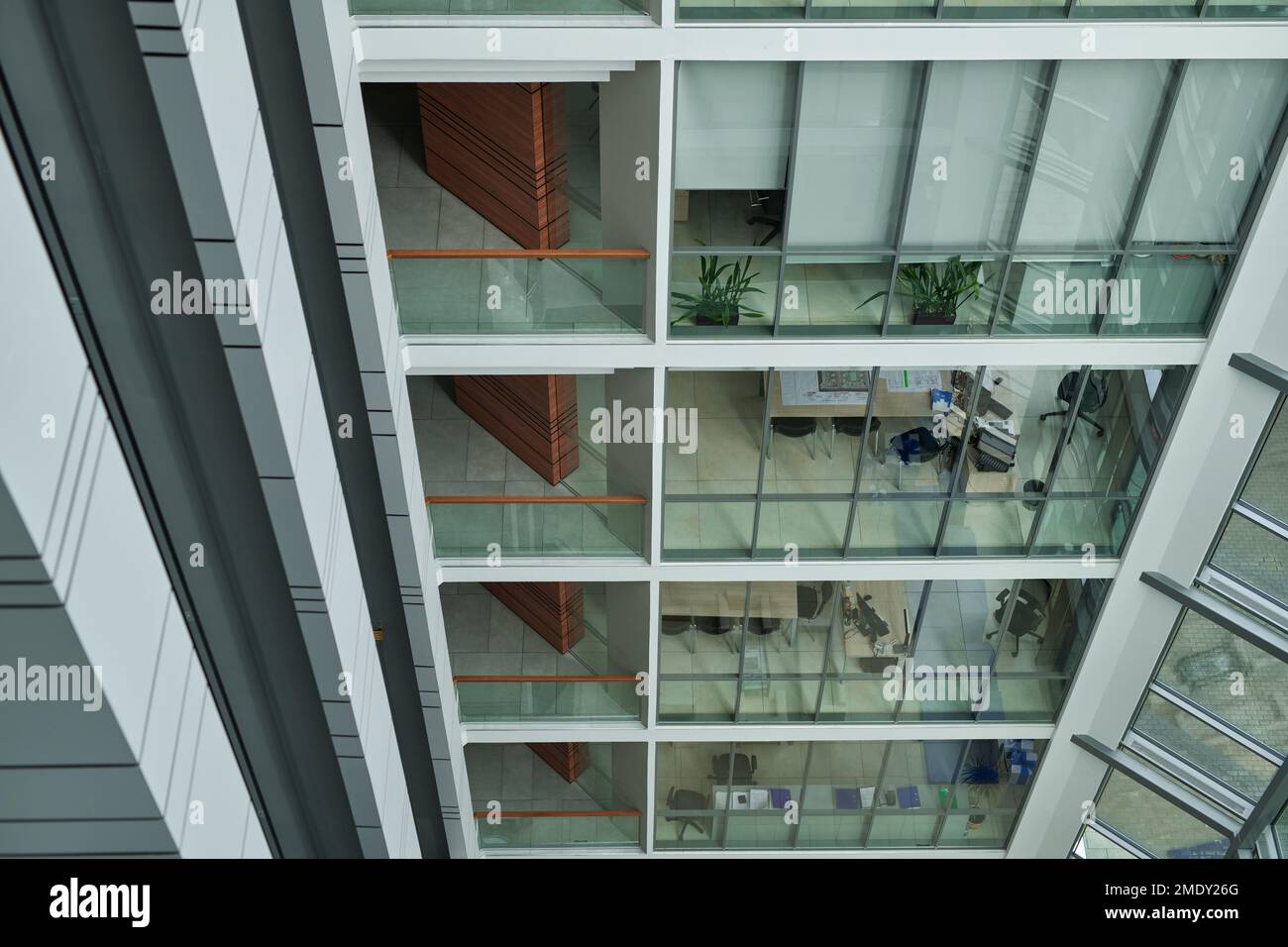 Above angle of interior of multi-storey business center with openspace ...