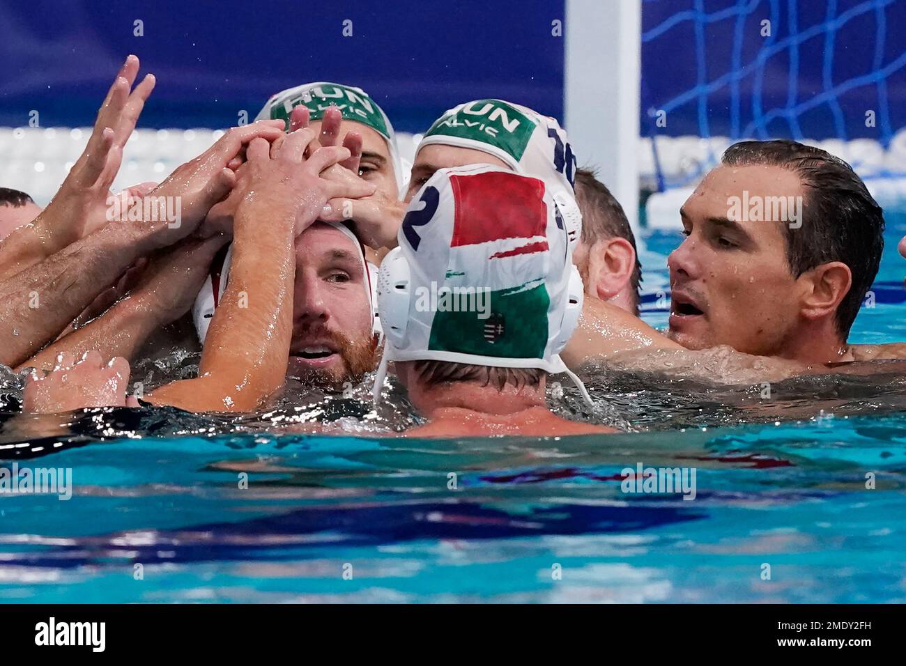 Hungary's Viktor Nagy, left, is congratulated by teammates after ...