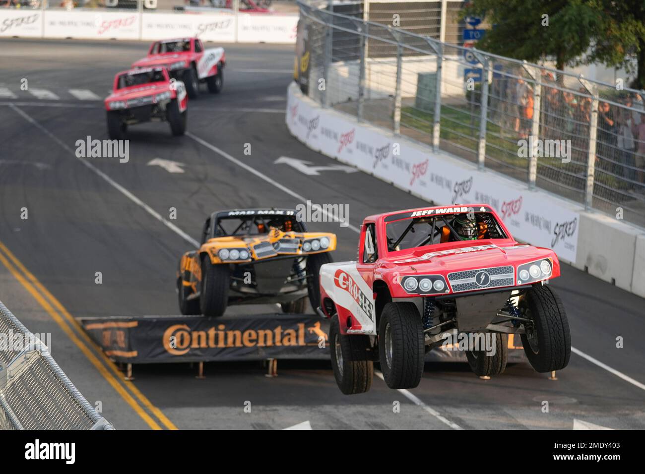 Jeff Ward (4) jumps a ramp during a Stadium Super Trucks race Saturday ...