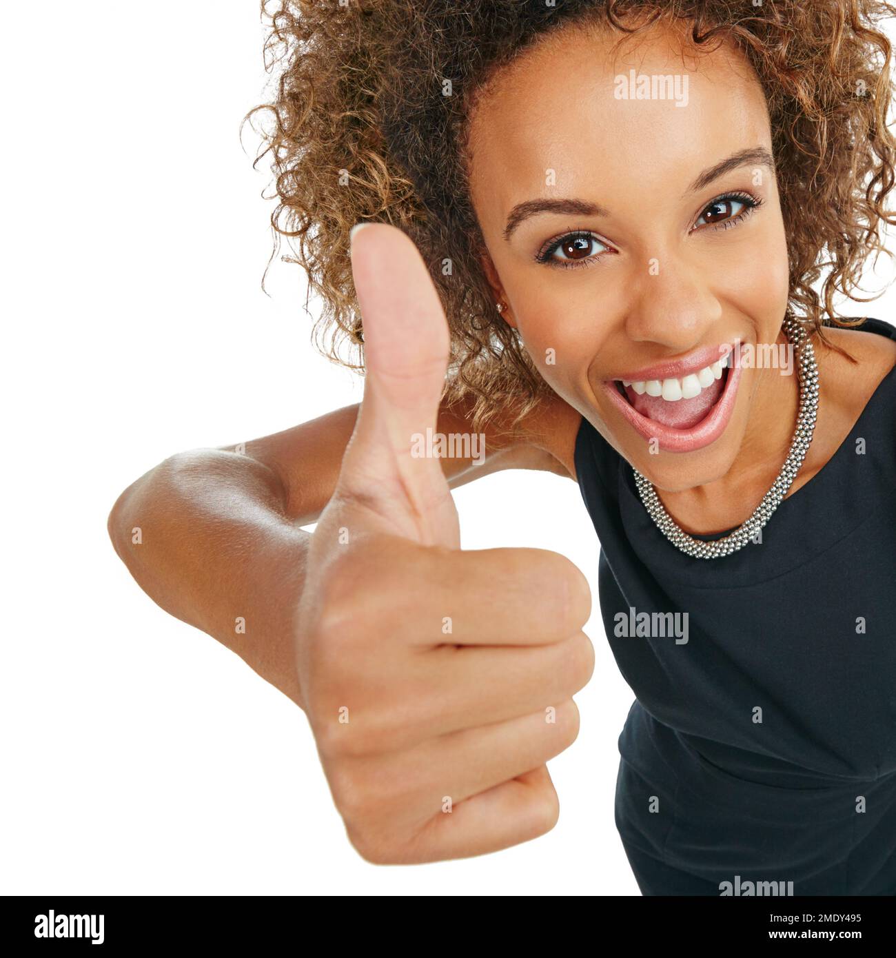 Worker, black woman and thumbs up hand portrait with wow, happy or ...