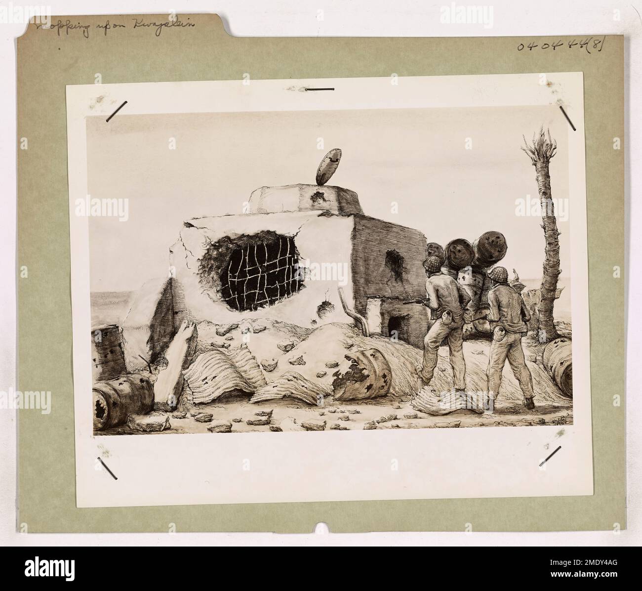 American personnel inspect a destroyed Japanese pillbox on Ebeye Island ...