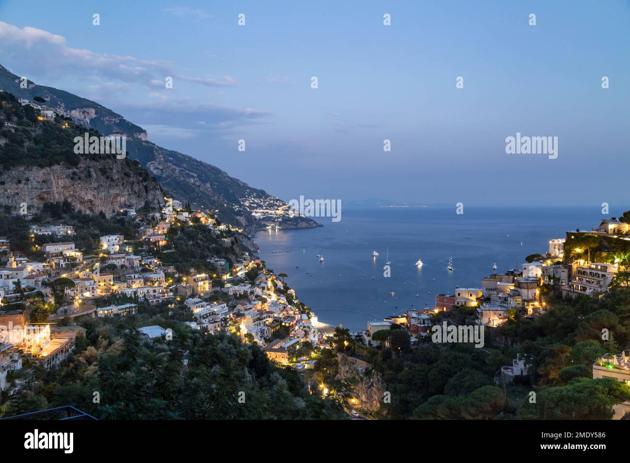 Cliffside view of Positano during the evening (blue hour), Amalfi Coast ...