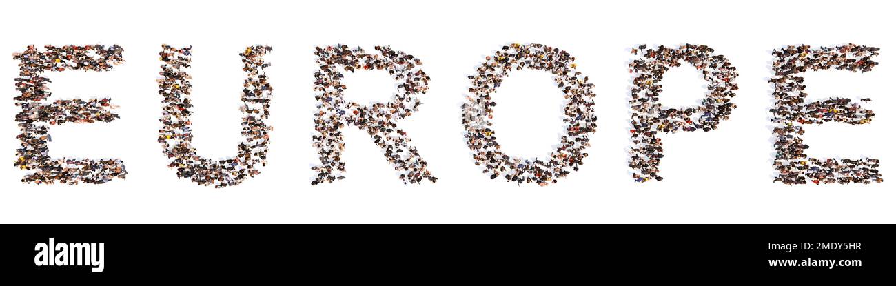 Concept or conceptual large community of people forming EUROPE word. 3d ...