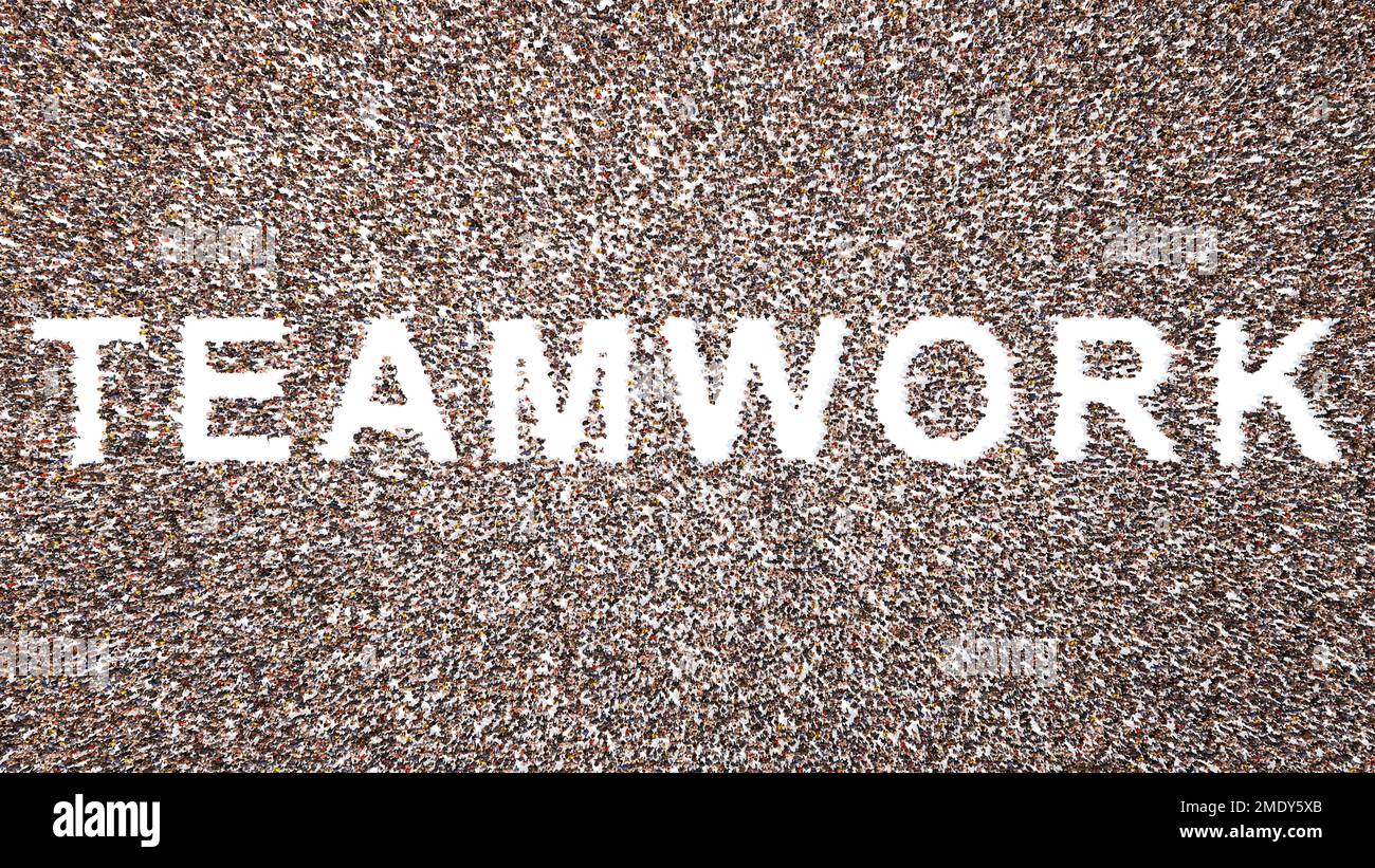Conceptual large community of people forming TEAMWORK word. 3d ...