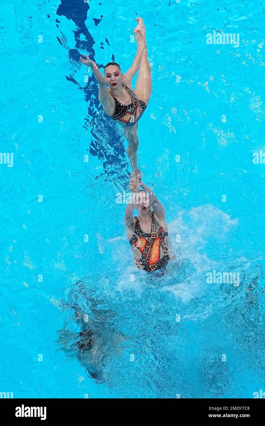 The Ukraine artistic swimming team competes during the team free ...