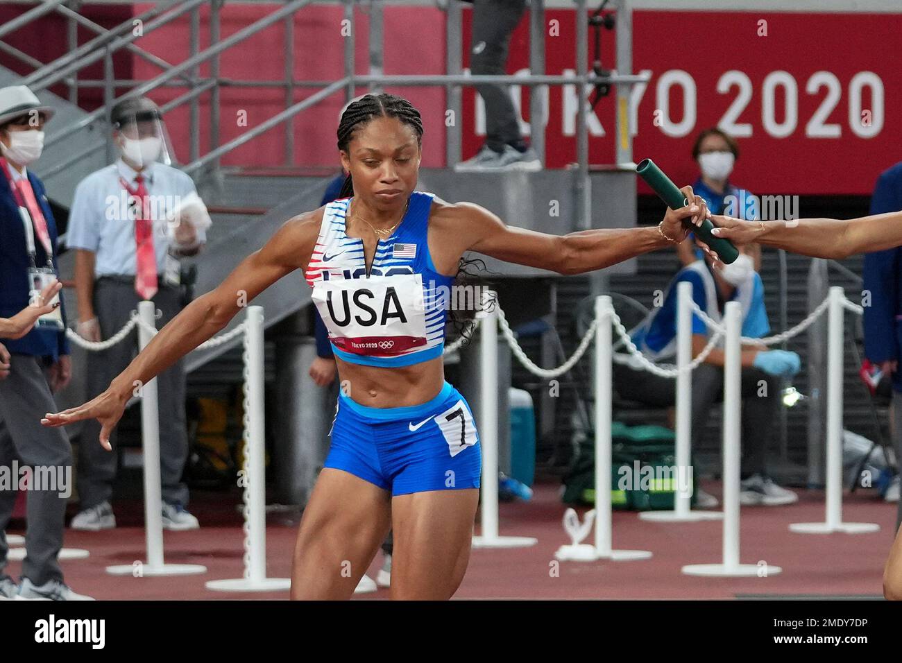 Allyson Felix, of the United States, runs in the women's 4 x 400-meter ...