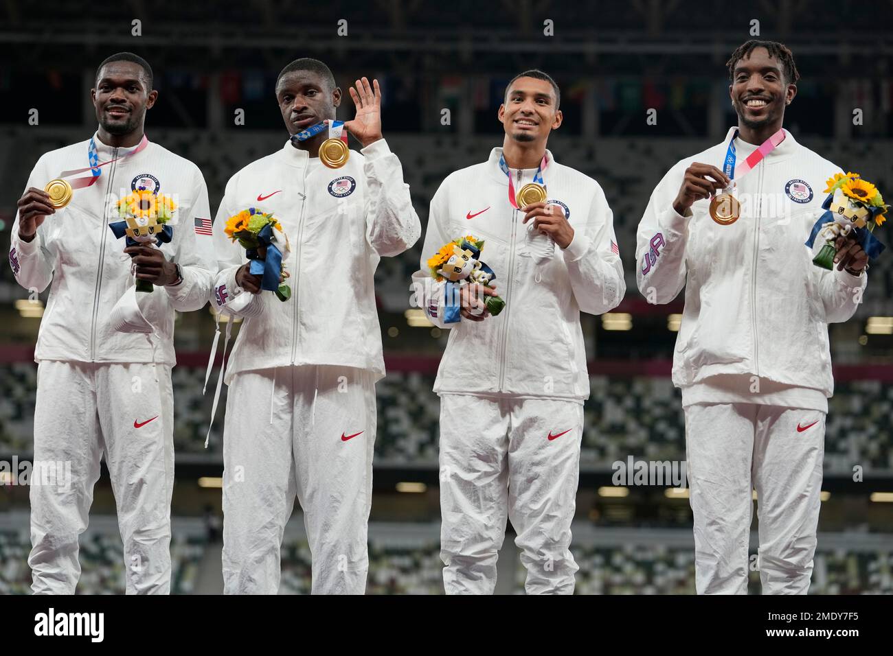 Gold medalists Team United States celebrate during the medal ceremony ...