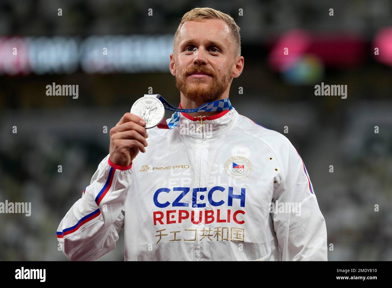 Silver medalist Jakub Vadlejch, of Czech Republic, poses during the ...