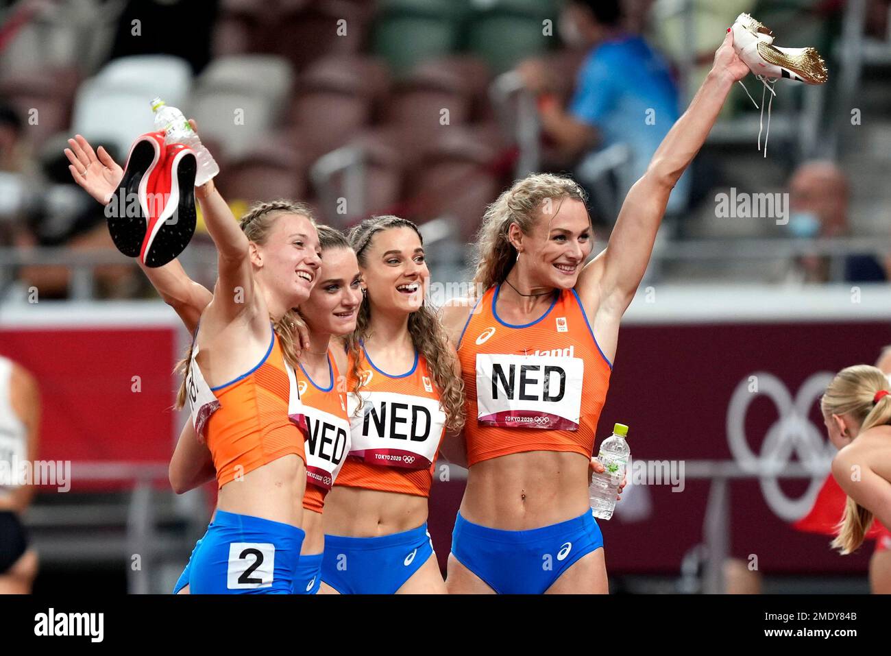 Team Netherlands reacts after the final of the women's 4 x 400-meter ...