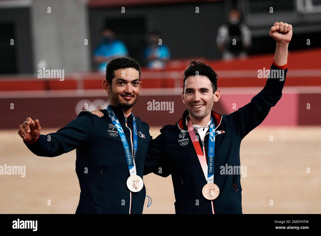 Team France celebrates their bronze medal during a medal ceremony for ...