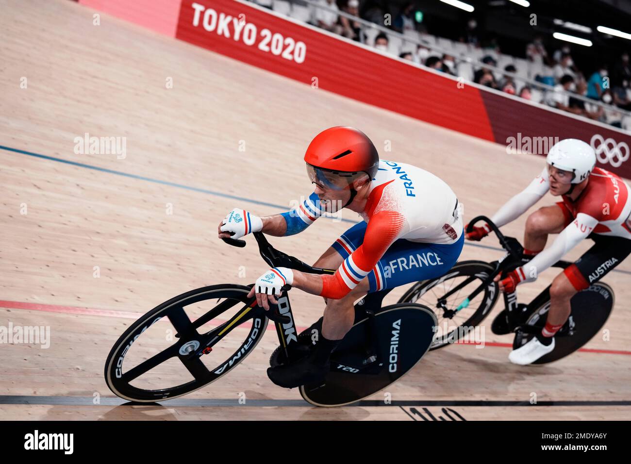 A member of Team France competes during the track cycling men's madison ...