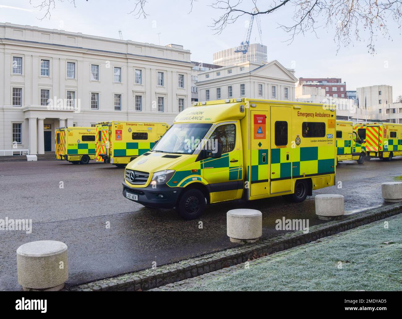 London, UK. 23rd Jan, 2023. Ambulances are seen lined up outside ...