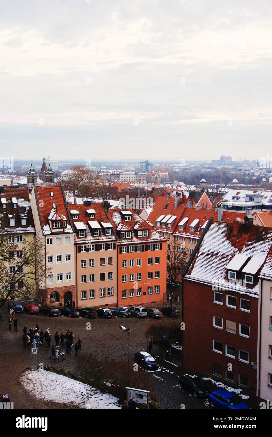 A vertical aerial view of the historic scenic skyline of Nuremberg ...
